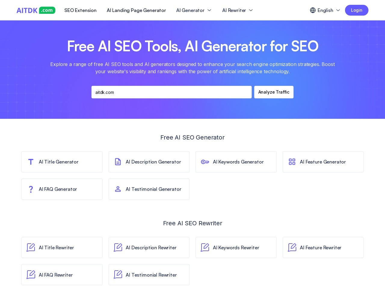 AITDK官网 - 为网站生成SEO优化标题、描述和关键词 - AI组件导航